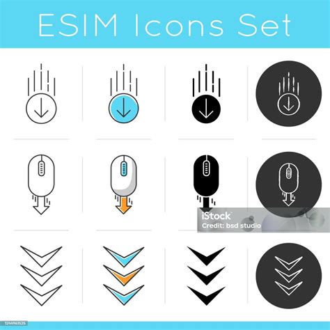 화살표 아이콘을 아래로 스크롤합니다 원 버튼의 컴퓨터 마우스 및 화살촉 인터넷 페이지 검색 및 다운로드 지표 선형 검정 및 Rgb 색상 스타일입니다 격리된 벡터