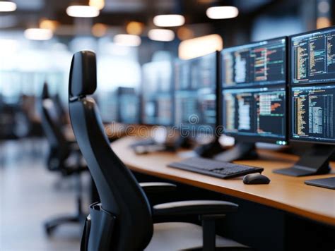 High Tech Control Room Multiple Monitors Ergonomic Chair Symbolizing