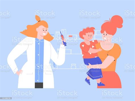 병원에서 엄마와 아들 아이들의 일상적인 예방 접종 주사기가있는 흰색 코트를 입은 여성 의사 예방 접종 일정 의료 보험 벡터 플랫 일러스트레이션입니다 아이에 대한 스톡 벡터