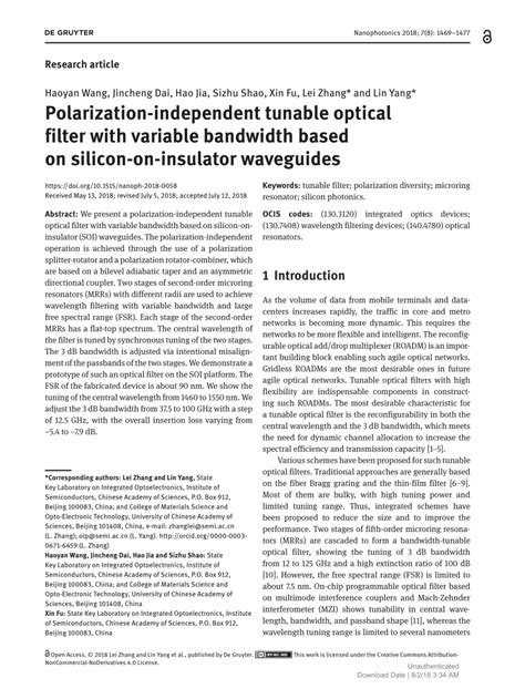 Pdf Polarization Independent Tunable Optical Filter With Variable