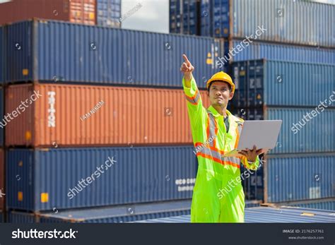 Worker Standing Shipping Container Yard Holding Stock Photo Shutterstock