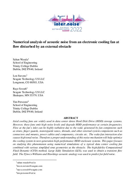 Pdf Numerical Analysis Of Acoustic Noise From An Electronic Cooling Fan At Flow Disturbed By