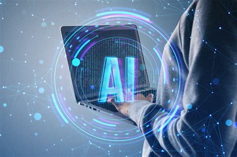 Close Up Of Hacker In Hoodie Using Laptop With Glowing Blue Ai Hologram