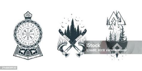 스칸디나비아 벡터는 바이킹 상징과 룬을 가진 삽화를 고립시켰다 이교도 노르드어 기호 토르의 망치 Vegvisir 교차 도끼 Valknut Fenrir 문신 인쇄 및 티셔츠