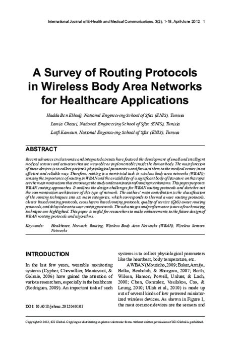 Pdf A Survey Of Routing Protocols In Wireless Body Area Networks For Healthcare Applications