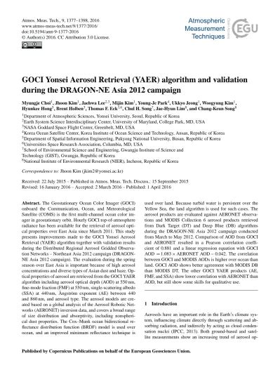 goci yonsei aerosol retrieval yaer algorithm and validation during