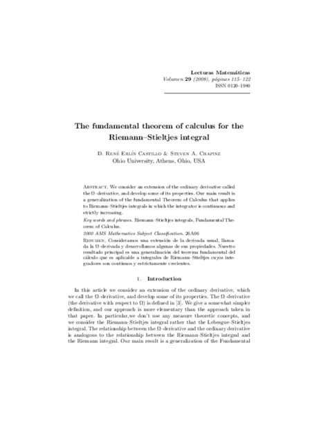 Pdf The Fundamental Theorem Of Calculus For The Riemann Stieltjes Integral