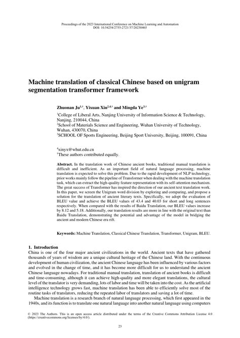 Pdf Machine Translation Of Classical Chinese Based On Unigram