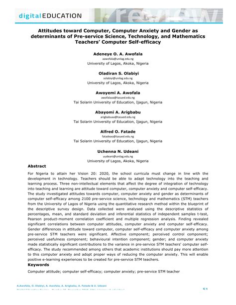 Pdf Attitudes Toward Computer Computer Anxiety And Gender As