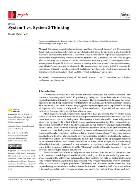 System 1 Vs System 2 Thinking Pdf Thought Mind