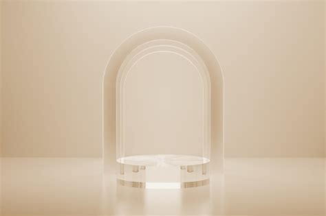3d 사실적인 원통형 연단 배경 투명 유리 모형 3d 렌더링 밝은 베이지 색의 장면 밝은 빛나는 아치기하학적 디자인 전시 제품 장면 진열장을 위한 미니멀리스트 단계 3차원