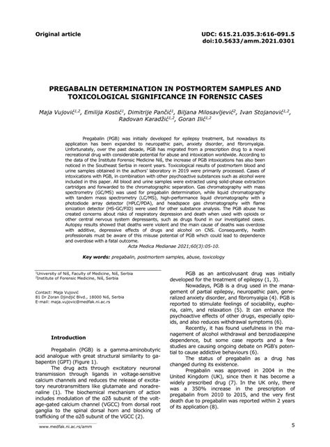 Pdf Pregabalin Determination In Postmortem Samples And Toxicological Significance In Forensic