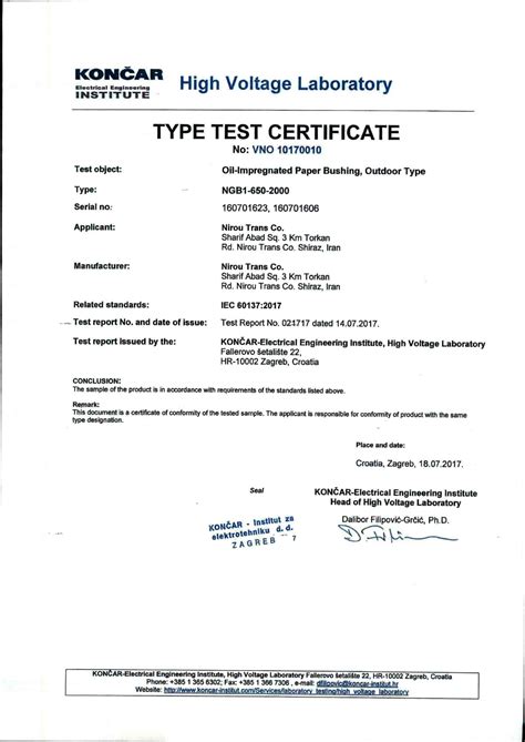 نیروترانس Type Test Certificate Ngb1 650 2000