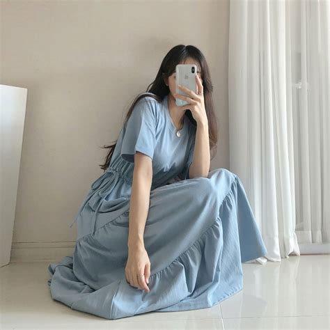 3단 캉캉 허리끈 셔링 반팔 롱 원피스