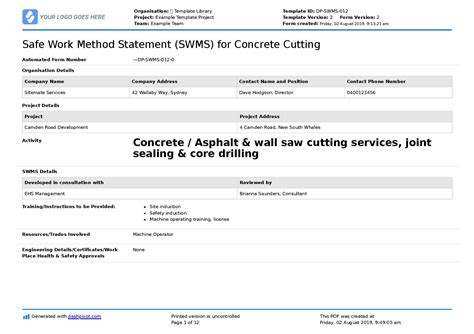 Concrete Cutting Safe Work Method Statement Cutting SWMS