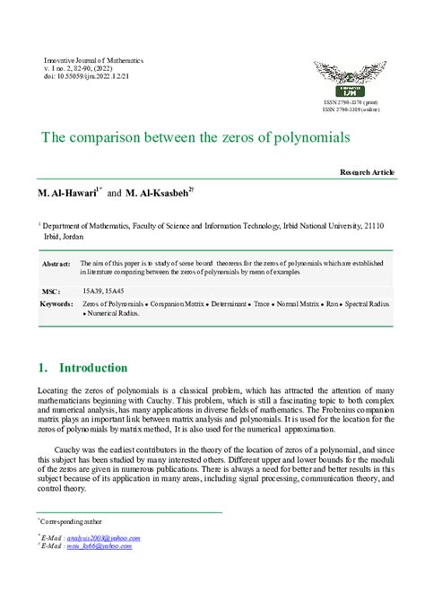 Pdf The Comparison Between The Zeros Of Polynomials