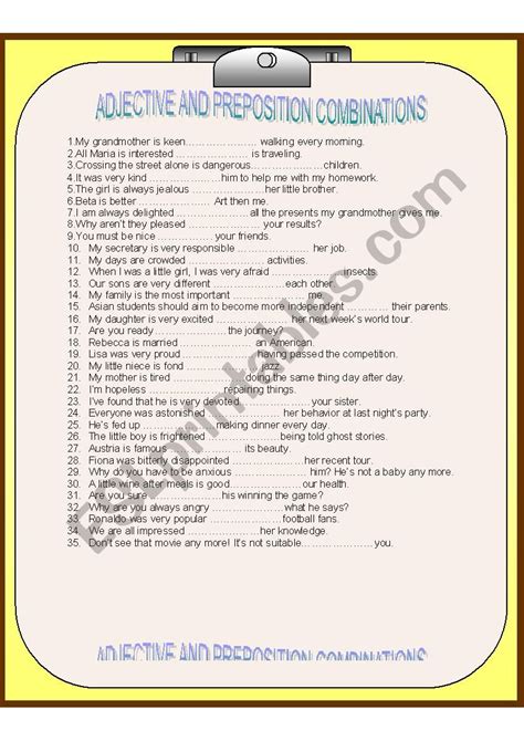 Adjective And Preposition Combinations Esl Worksheet By Danhim