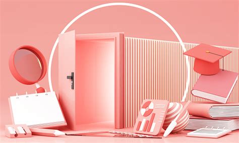 학습 개념 문은 대학원 모자 오픈 북 풍선 통치자 통계 그래프 연필 및 분홍색 배경 3d 렌더에 돋보기로 둘러싸여 열립니다 0명에 대한 스톡 사진 및 기타 이미지 Istock