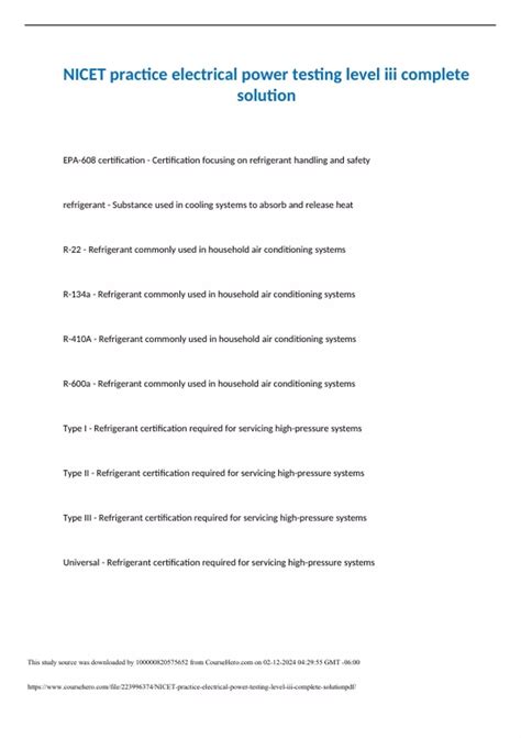 Nicet Practice Electrical Power Testing Level Iii Complete Solution Nicet Stuvia Us