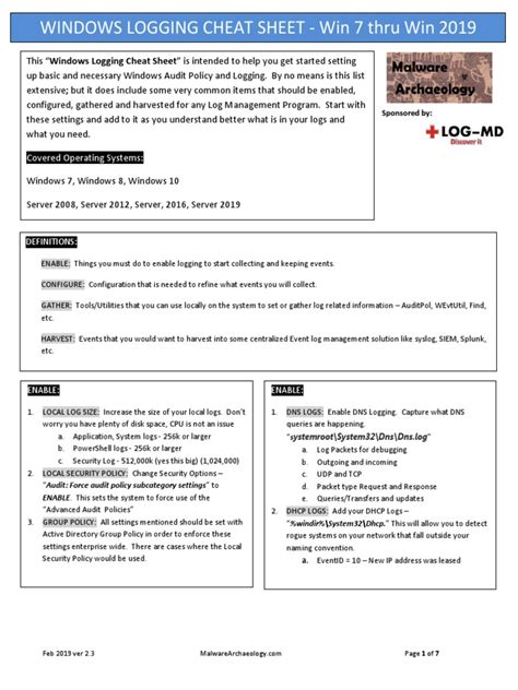 Windowsloggingcheatsheet Ver Feb 2019 Pdf Pdf Windows Registry Group Policy