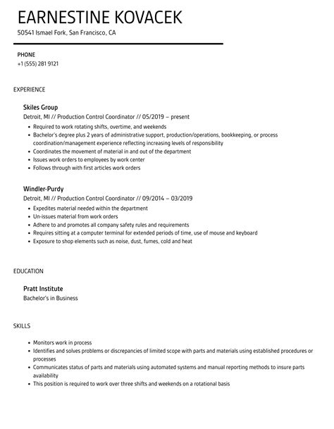 Production Control Coordinator Resume Samples Velvet Jobs