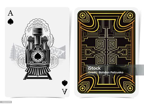 블랙 슈트에 황금 아르데코 개츠비 패턴 스타일과 다시 조각 스타일에서 빈티지 기차 내부 스페이드 스페이드의 에이스 벡터 카드 템플릿 아르데코에 대한 스톡 벡터 아트 및 기타
