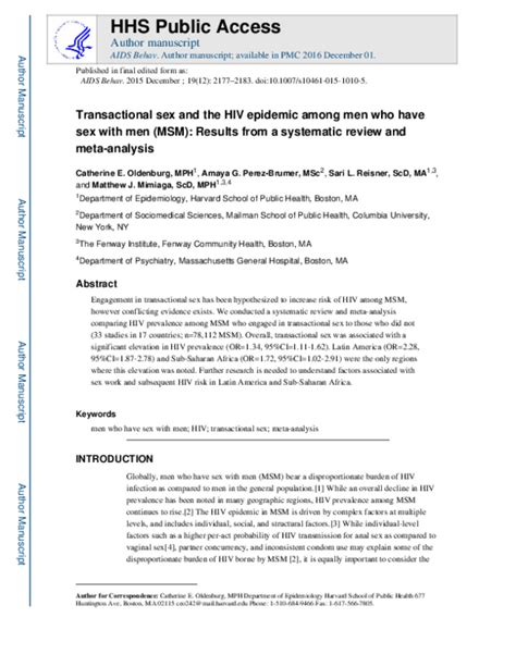 Pdf Transactional Sex And The Hiv Epidemic Among Men Who Have Sex With Men Msm Results From