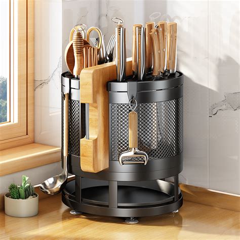 旋转刀架置物架厨房台面家用刀具筷子笼砧板一体多功能收纳架子 虎窝淘