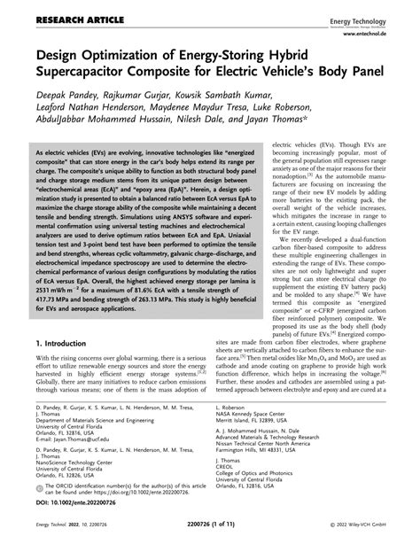 Design Optimization Of Energy‐storing Hybrid Supercapacitor Composite