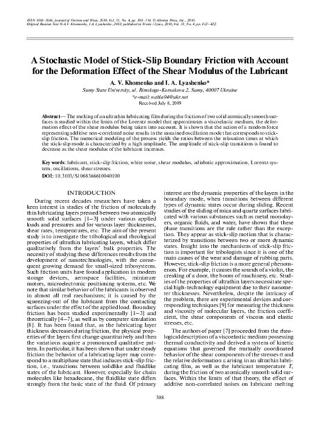 Pdf A Stochastic Model Of Stick Slip Boundary Friction With Account For The Deformation Effect