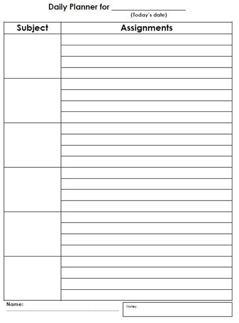 Daily Planner Template For Subject Assignment