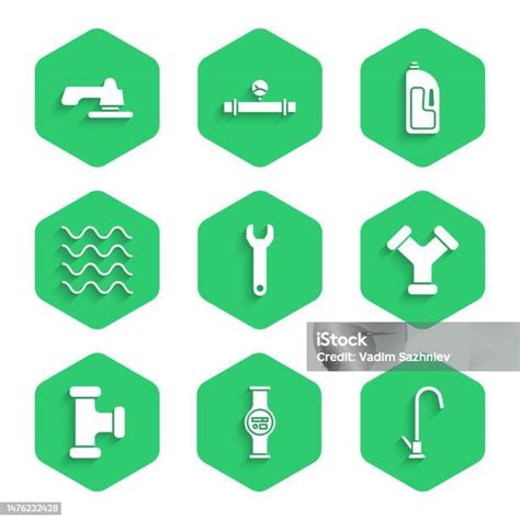 렌치 스패너 수도 미터 탭 산업 금속 파이프 웨이브 배수 클리너 및 아이콘이있는 컨테이너를 설정합니다 벡터 곡선에 대한 스톡 벡터 아트 및 기타 이미지 Istock