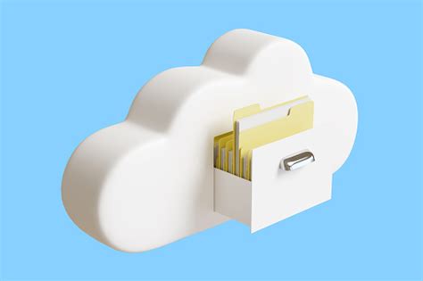 파란색 배경에 격리 된 파일이있는 폴더가 있는 서랍이 있는 만화 구름 3d 일러스트레이션 클라우드 컴퓨팅에 대한 스톡 사진 및