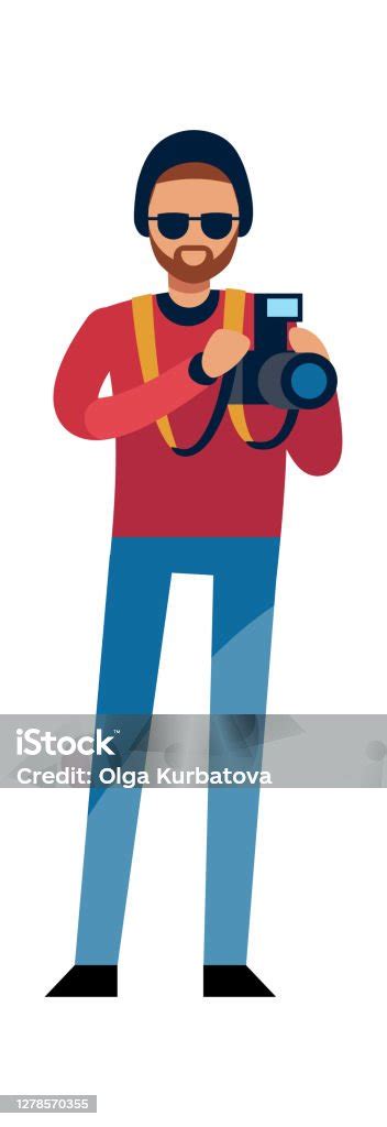 직장에서 사진 작가 사진 카메라 창조적 인 직업 직업 또는 취미를 들고 있는 남자 캐릭터는 젊은 파파라치 또는 기자 플랫 벡터 만화 일러스트레이션을 촬영합니다 보도 사진에