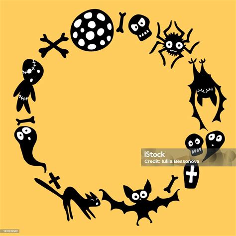 휴일 디자인 캐릭터 고양이 좀비 두개골 거미 박쥐 유령의 해피 할로윈 라운드 프레임 축제 테두리 인사말 카드 초대 파티 포스터 배너제목 10월에 대한 스톡 벡터 아트 및