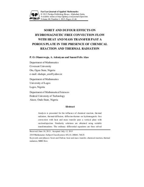 Pdf Soret And Dufour Effect On Hydromagnetic Free Convection Flow With Heat And Mass Transfer