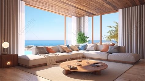 매혹적인 해안가 생활 멋진 3d 렌더링으로 세련된 목재 및 패브릭 가구 공개 살다 배경 창보기 배경 공개 배경 이미지 Hd 살다 창보기 공개 배경 사진 무료