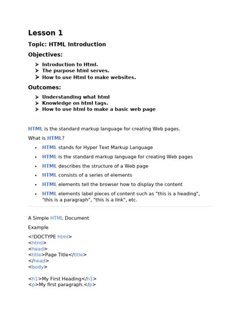 Lesson 1 Introduction To Html Pdf Html Html Element Lesson 1 Introduction To Html Pdf Html Html Element