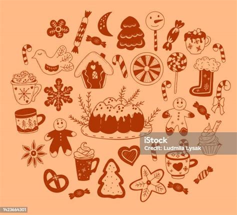 크리스마스 음식을 달콤하게 낙서하십시오 진저 브레드 하우스 크리스마스 진저 브레드와 캐러멜 스틱 크림 디저트와 사탕 새해 케이크 컵과 롤리팝의 디저트 고립 된 벡터 손이