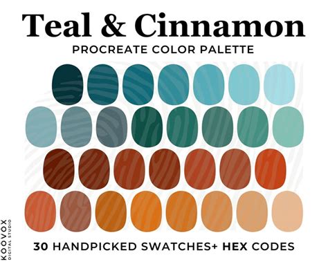 Teal And Cinnamon Procreate Color Palette With 30 Handpicked Swatches