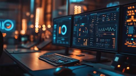 A Hightech Workspace Featuring Dual Monitors Displaying Data Analytics