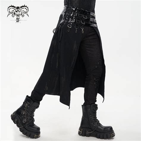 Mens Punk Splice Distressed Kilt With Faux Patent Leather Straps