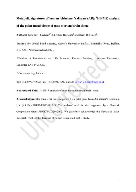 Pdf Metabolic Signatures Of Human Alzheimers Disease Ad 1h Nmr Analysis Of The Polar