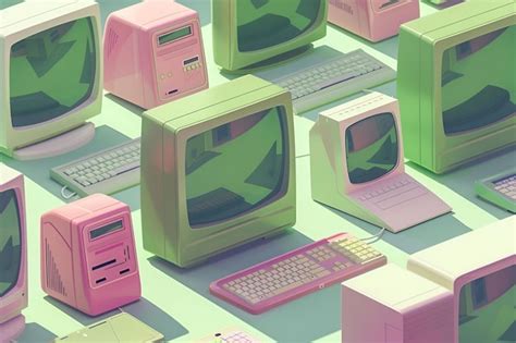 Minimalist Illustration Green And Pink Computers In Isometric Perspective With Clean Lines