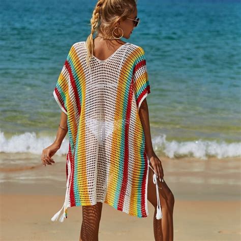 Split Side Short Sleeve Crochet Knitted Beach Swimwear Bikini Cover U