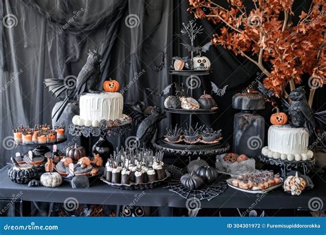 A Spooky Halloween Dessert Table With Themed Treats And Decorations
