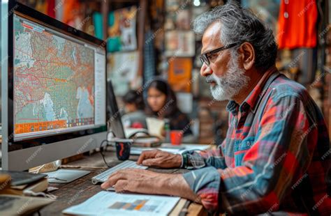 Premium Photo Man Sitting At Desk Using Computer
