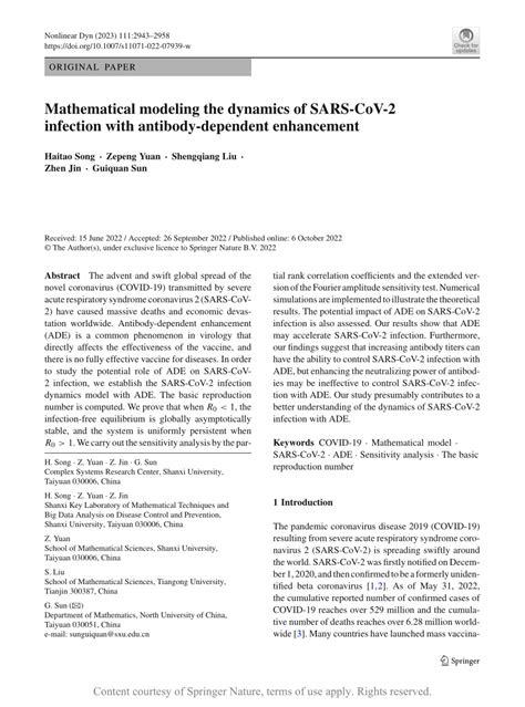 Mathematical Modeling The Dynamics Of Sars Cov 2 Infection With