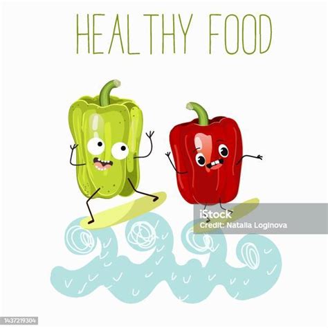 두 개의 피망 서핑의 만화 캐릭터의 벡터 그림 건강 식품 성분 어린이용 티셔츠 디자인 가공의 인물에 대한 스톡 벡터 아트 및 기타 이미지 Istock