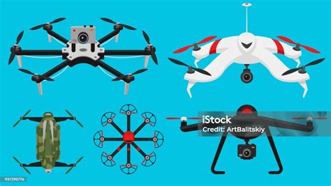 현대에 어 드 론 및 원격 제어의 집합입니다 과학 및 현대 기술입니다 벡터 일러스트입니다 라디오 로봇 또는 공기에서 카메라와 함께 비행기 혁신적인 시스템 및 개발 0명에